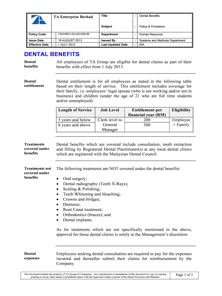 Fillable Online Dental BenefitsV1Reviseddocx Fax Email Print - pdfFiller