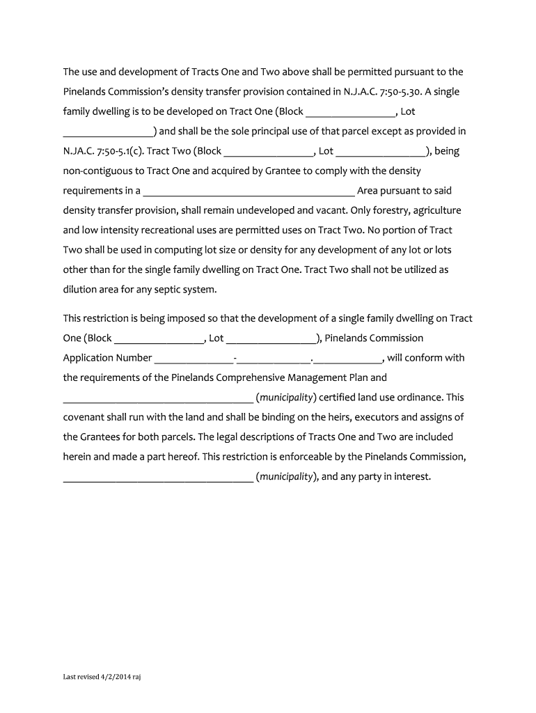 Fillable Online nj Nj pinelands commission density transfer deed restriction sample ... Fax ...