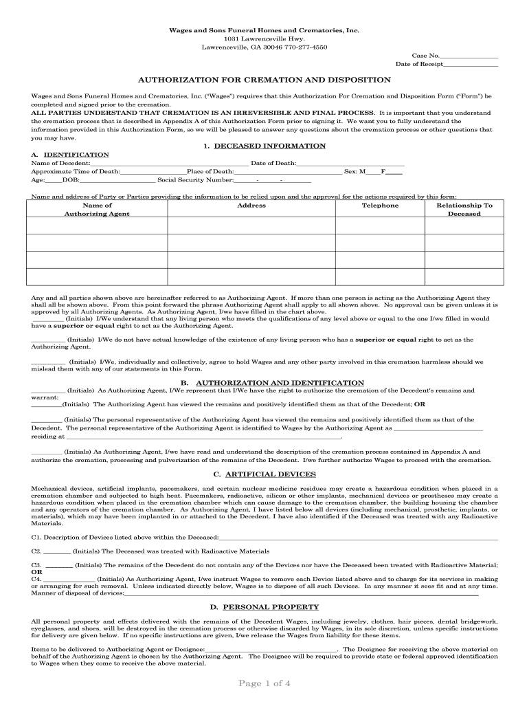 Fillable Online NORTHWEST OHIO CREMATION SERVICE Fax Email Print ...