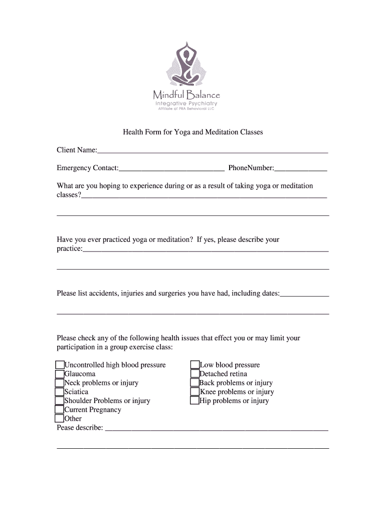 Fillable Online Health Form for Yoga and Meditation Classes Fax Email ...