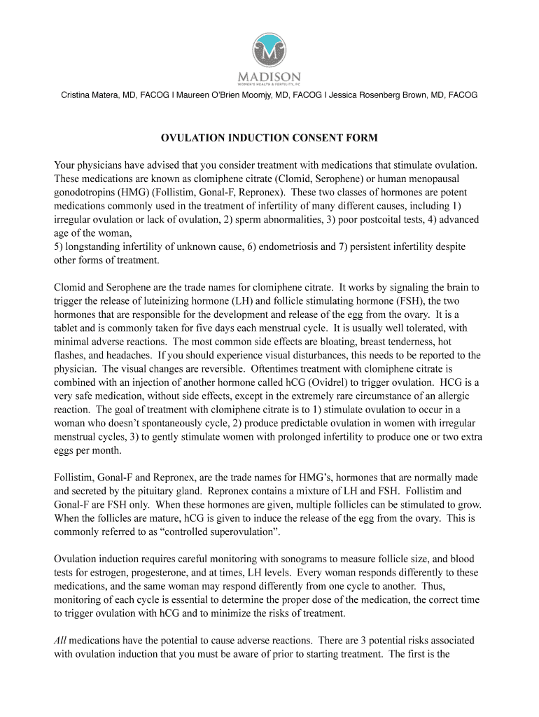 Fillable Online Ovulation Induction Consent Form - Madison Womens ...