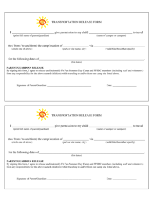 Fillable Online Transportation Release Form - FitFun Summer Day... Fax ...