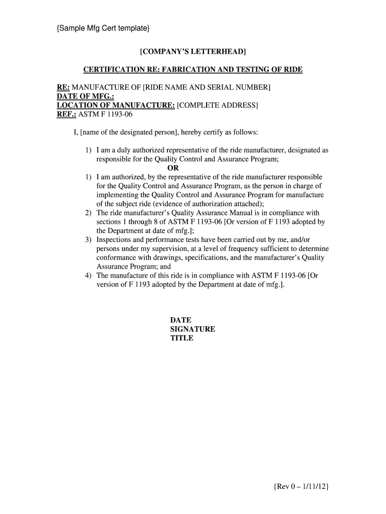 Fillable Online Sample Mfg Cert template Fax Email Print - pdfFiller