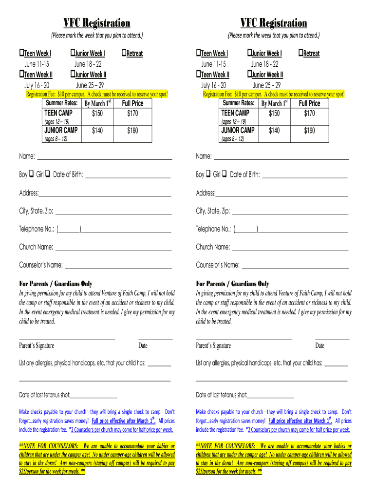 Fillable Online ventureoffaith VFC Registration VFC Registration ...
