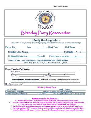 Fillable Online Birthday Party Reservation - pghstudiocom Fax Email ...
