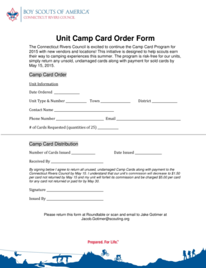 Fillable Online ctrivers Unit Camp Card Order Form - Connecticut Rivers ...