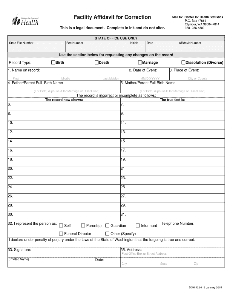 Fillable Online doh wa Facility Affidavit for Correction. Record ...