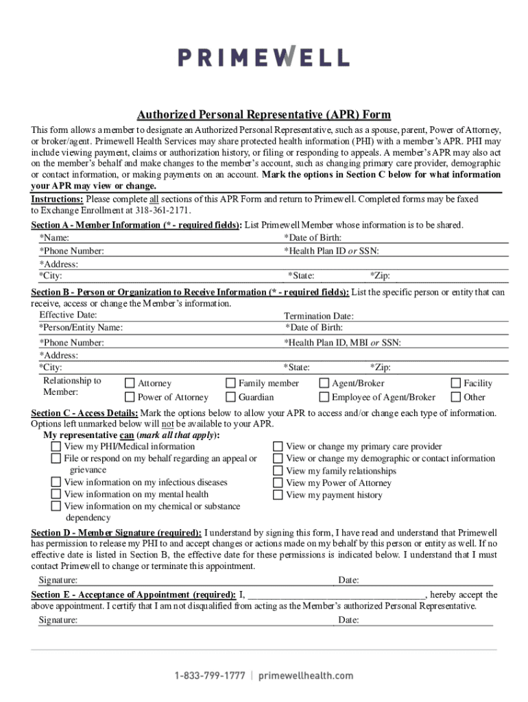 Fillable Online Authorized Personal Representative (APR) Form Fax Email Print - pdfFiller