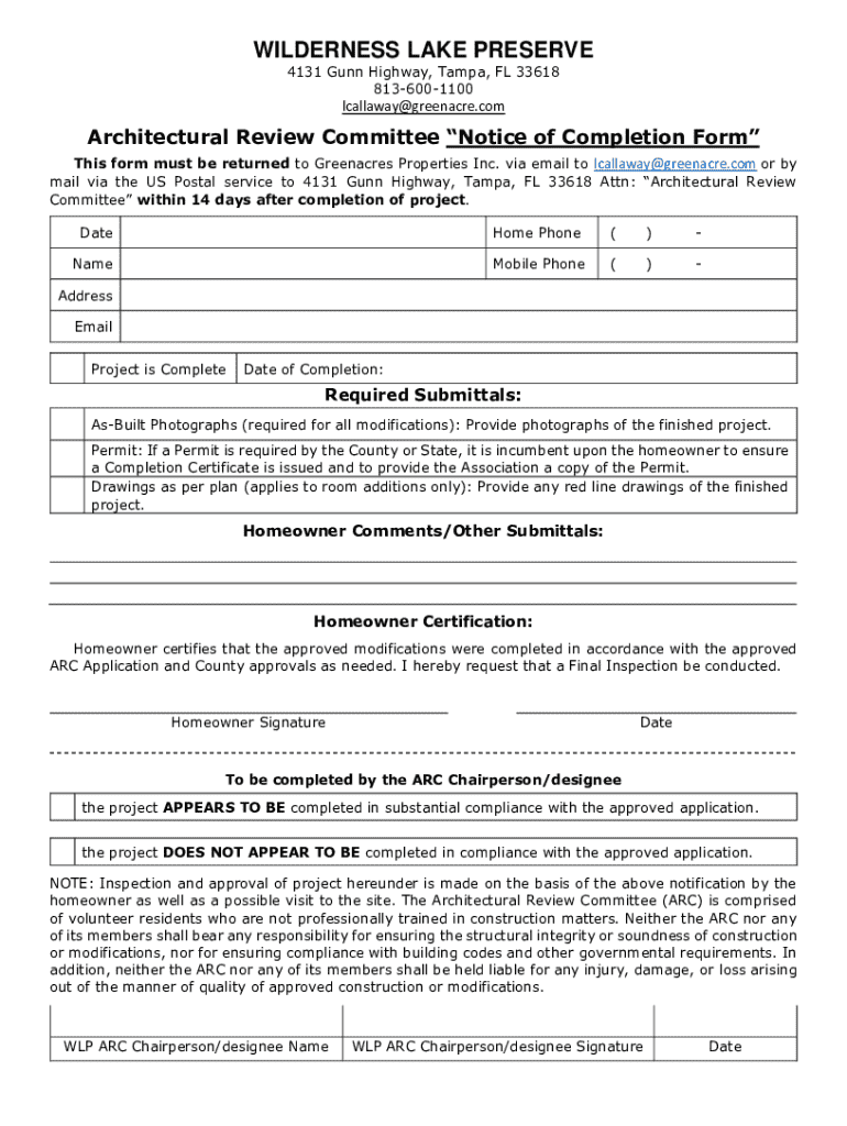 Fillable Online ARC NOTICE OF COMPLETION FORM Fax Email Print - pdfFiller