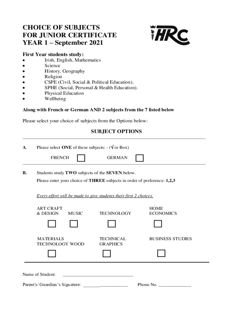 Fillable Online CHOICE OF SUBJECTS FOR JUNIOR CERTIFICATE ... Fax Email Print - pdfFiller