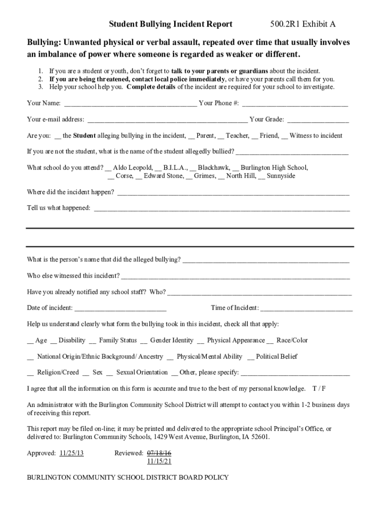 Fillable Online Student Bullying Incident Report 500.2R1 Exhibit A Fax ...
