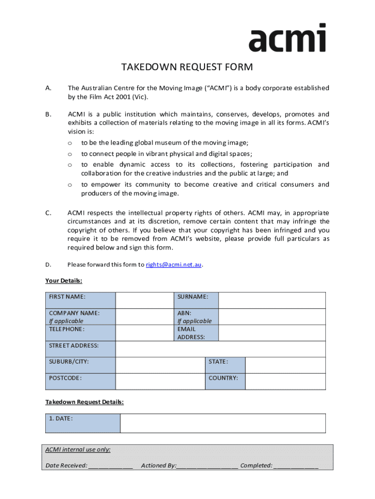 Fillable Online TAKEDOWN REQUEST FORM Fax Email Print - pdfFiller