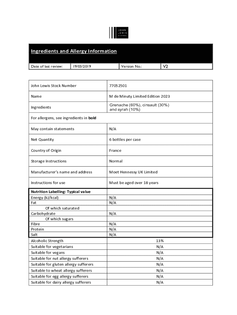 Fillable Online Ingredients and Allergy Information Fax Email Print - pdfFiller