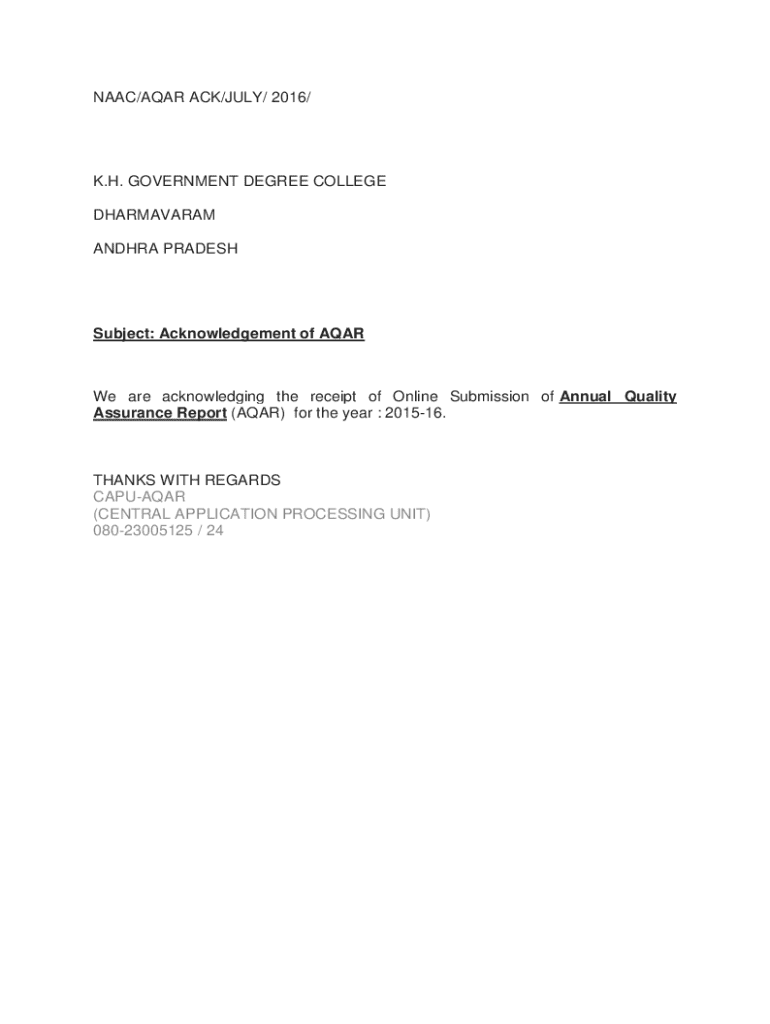 Fillable Online Subject: Acknowledgement of AQAR Fax Email Print - pdfFiller