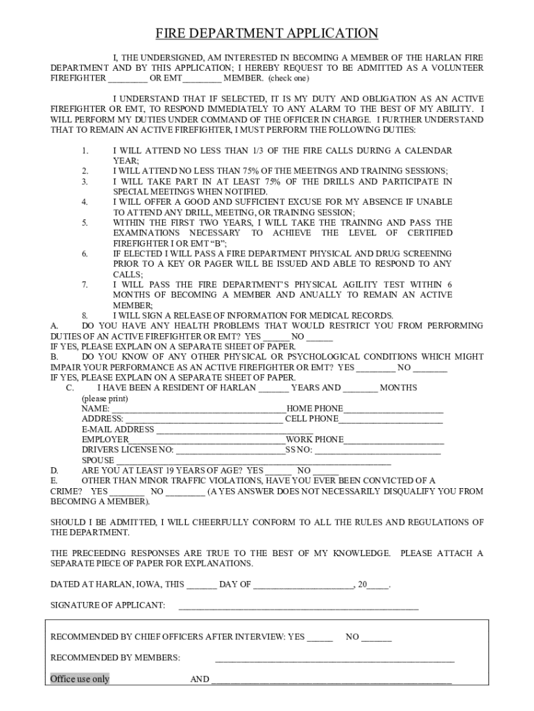 Fillable Online city of pipestone volunteer fire department application ...