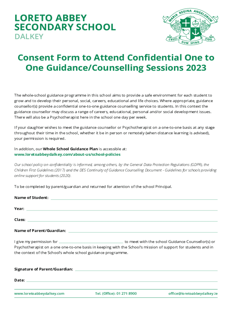 Fillable Online Loreto Abbey Dalkey - One to One Consent Form 2023 A4 ...