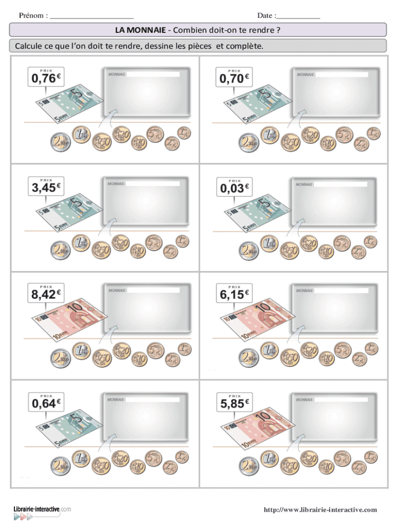 Remplissable en ligne Rendre la monnaie CE2 - CE1 - Cycle 2 - Maths ...