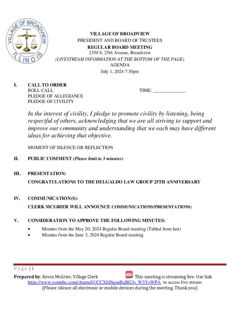 Fillable Online Organization - WELCOME TO THE VILLAGE OF BROADVIEW! Fax ...