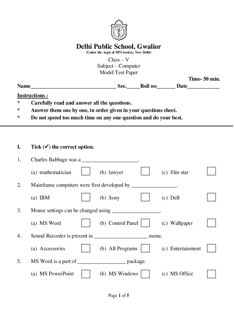 Fillable Online Class V Computer Model Test Paper Fax Email Print ...