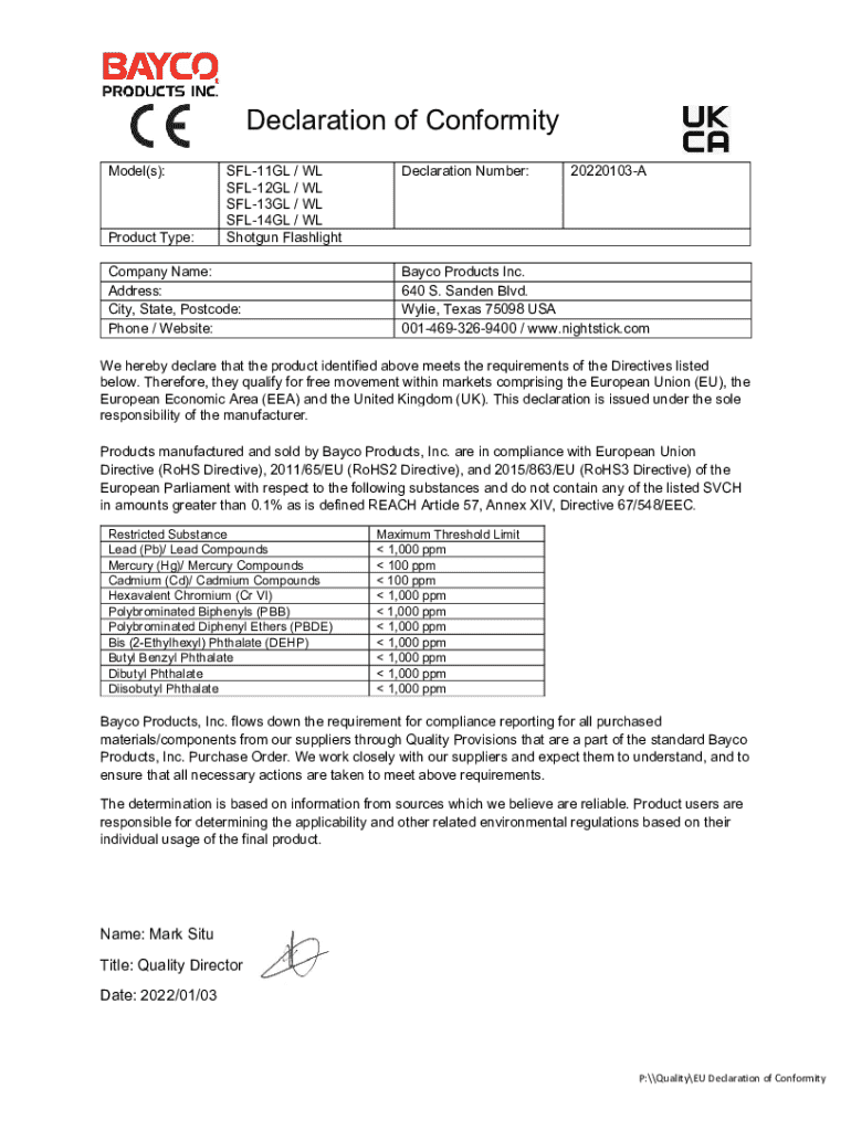 Fillable Online Declaration of Conformity for Shotgun Flashlight Models Fax Email Print - pdfFiller