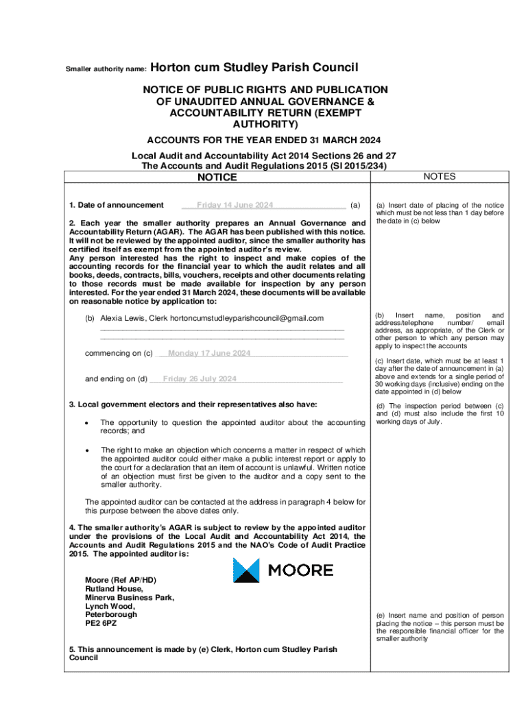 Fillable Online Notice of Public Rights and Publication of Unaudited ...