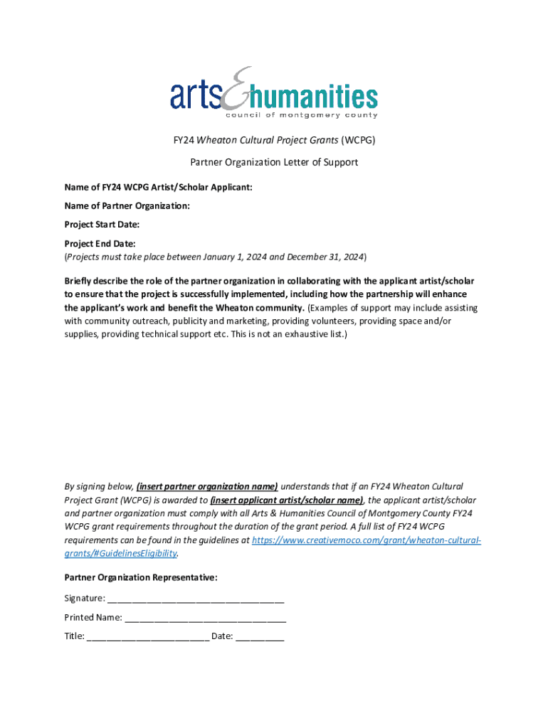 Fillable Online Partner Organization Letter of Support for Fy24 Wcpg Fax Email Print - pdfFiller