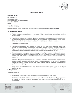 Fillable Online Wipro Limited Appointment Letter for Mr. Akhil Sarasan ...