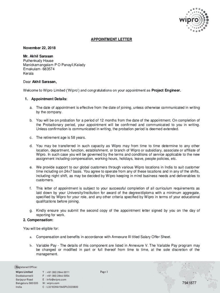 Fillable Online Wipro Limited Appointment Letter for Mr. Akhil Sarasan ...