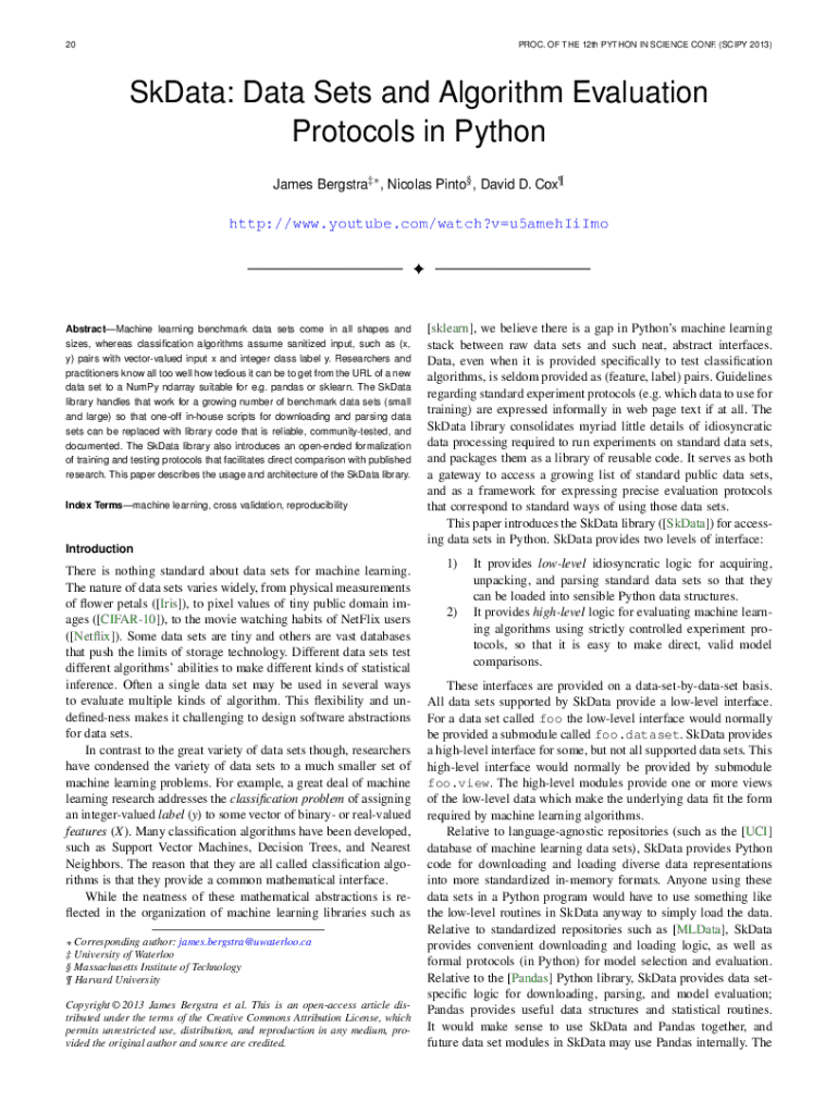 Fillable Online Data Sets and Algorithm Evaluation Protocols in Python Fax Email Print - pdfFiller
