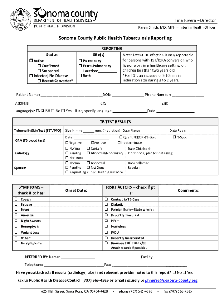 Fillable Online Sonoma County Public Health Tuberculosis Reporting Fax ...