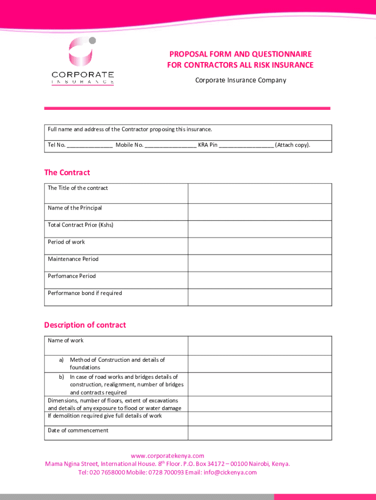 Fillable Online Contractor\'s All Risk Insurance - Proposal Form ...