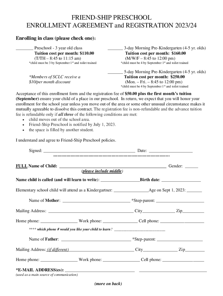 Fillable Online Friend-ship Preschool Enrollment Agreement 2023/24 Fax Email Print - pdfFiller