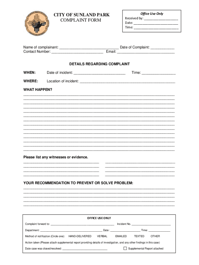Fillable Online City of Sunland Park Complaint Form Fax Email Print - pdfFiller