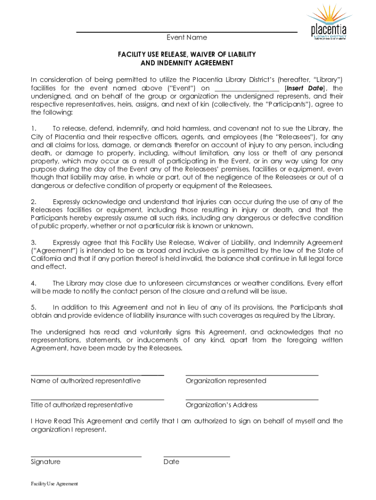 Fillable Online Facility Use Release & Waiver Agreement Fax Email Print - pdfFiller