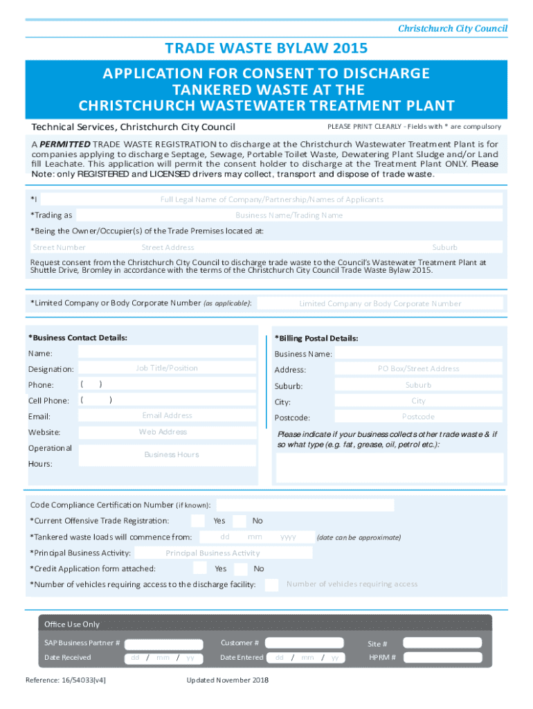 Fillable Online Application for Consent to Discharge Tankered Waste Fax ...
