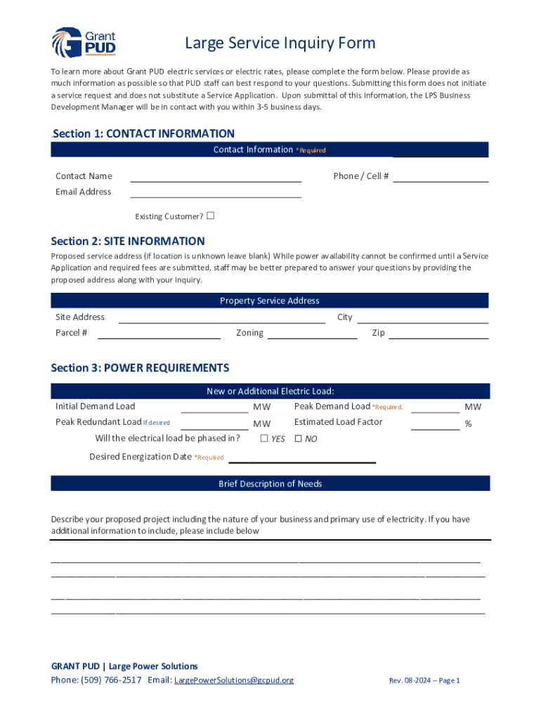 Fillable Online Inquiry Form for Grant Pud Electric Services Fax Email ...