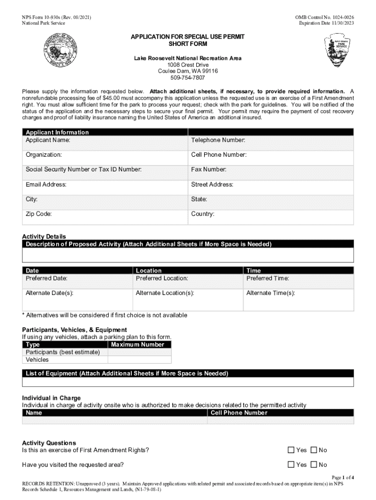 Fillable Online NPS Form 10-930s Application for Special Use Permit ...