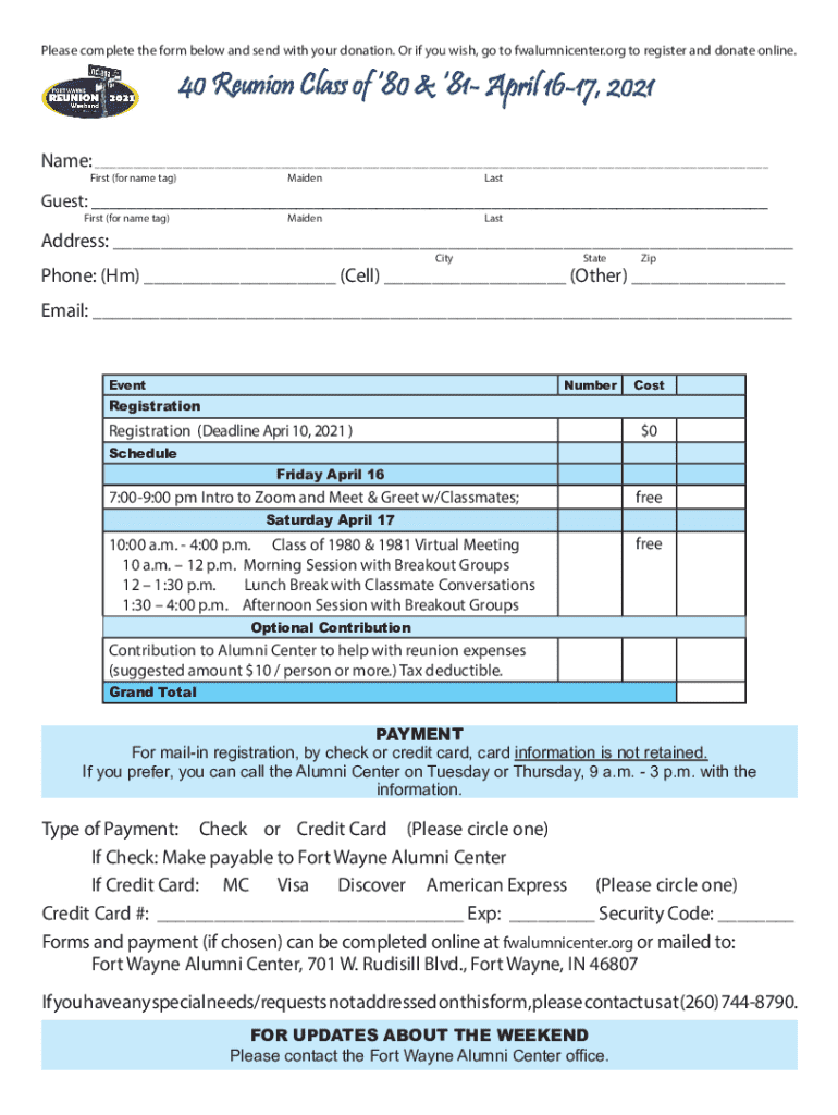 Fillable Online 40 Reunion Class of ‘80 & ‘81 Registration Fax Email Print - pdfFiller