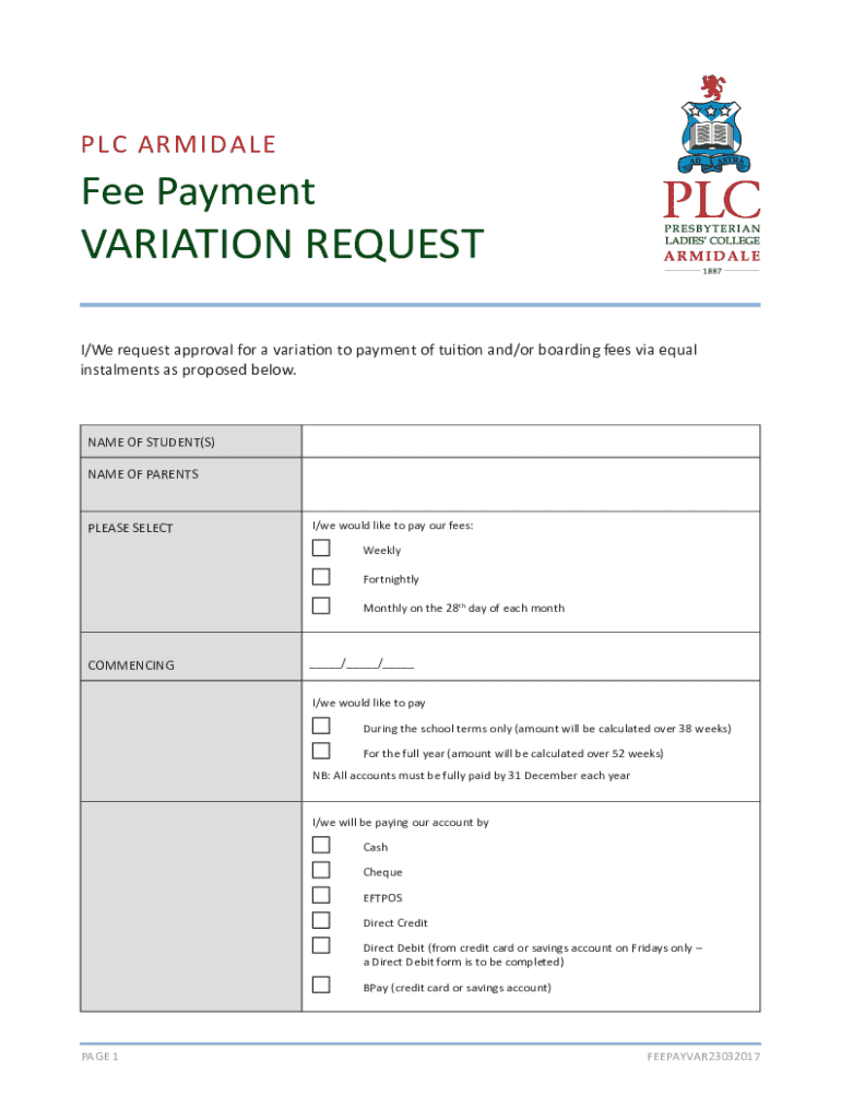 Fillable Online Plc Armidale Fee Payment Variation Request Fax Email ...