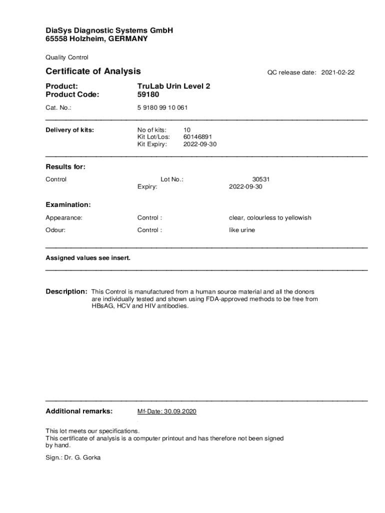 Fillable Online Quality Control Certificate for Trulab Urin Level 2 Fax ...