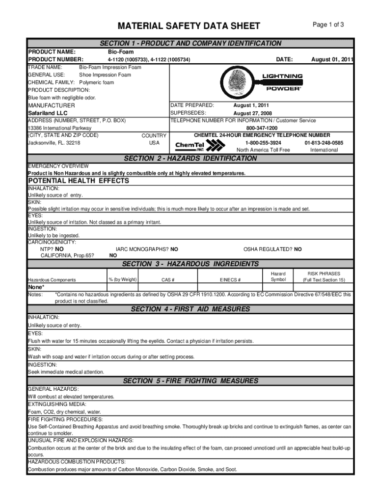 Fillable Online Bio-foam Impression Foam Safety Data Fax Email Print ...