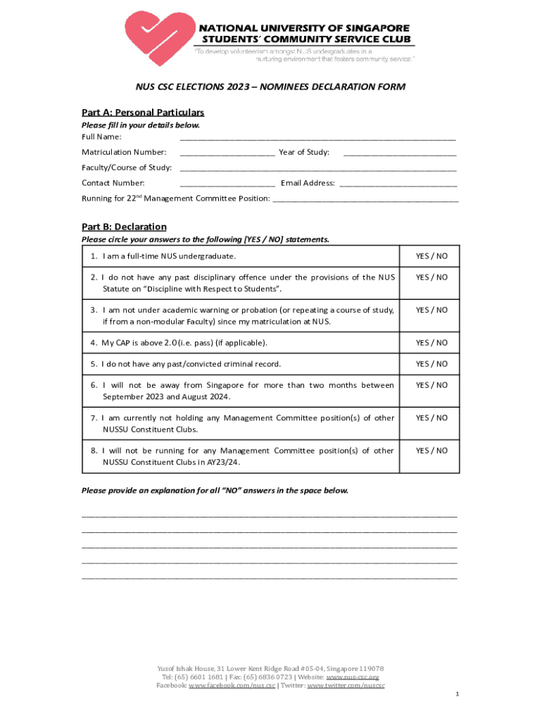 Fillable Online Nus Csc Elections 2023 - Nominees Declaration Fax Email ...