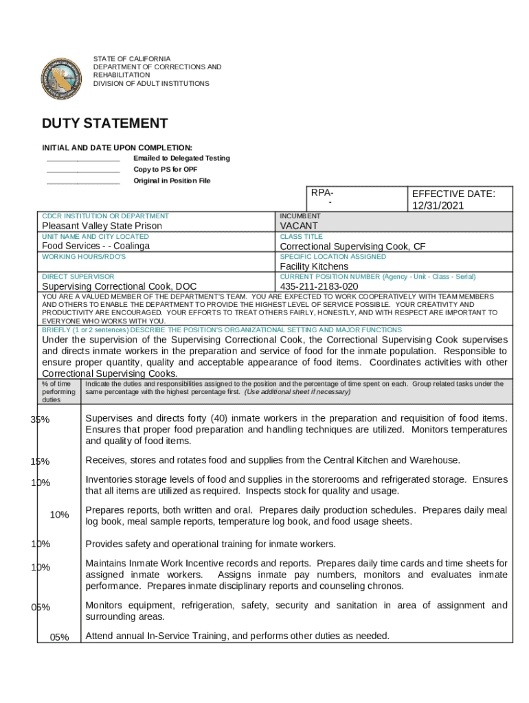 Supervising Correctional Cook, DOC Doc Template | pdfFiller