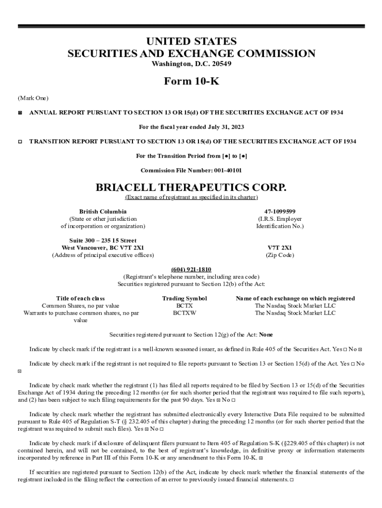 Fillable Online Briacell Therapeutics Corp. Annual Report Fax Email ...