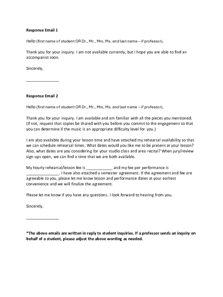Fillable Online Response Email for Accompanist Inquiries Fax Email ...