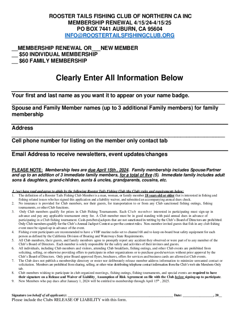 Fillable Online Rooster Tails Fishing Club Membership Renewal 2024 Fax ...