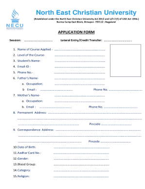 Fillable Online North East Christian University Application Form Fax ...