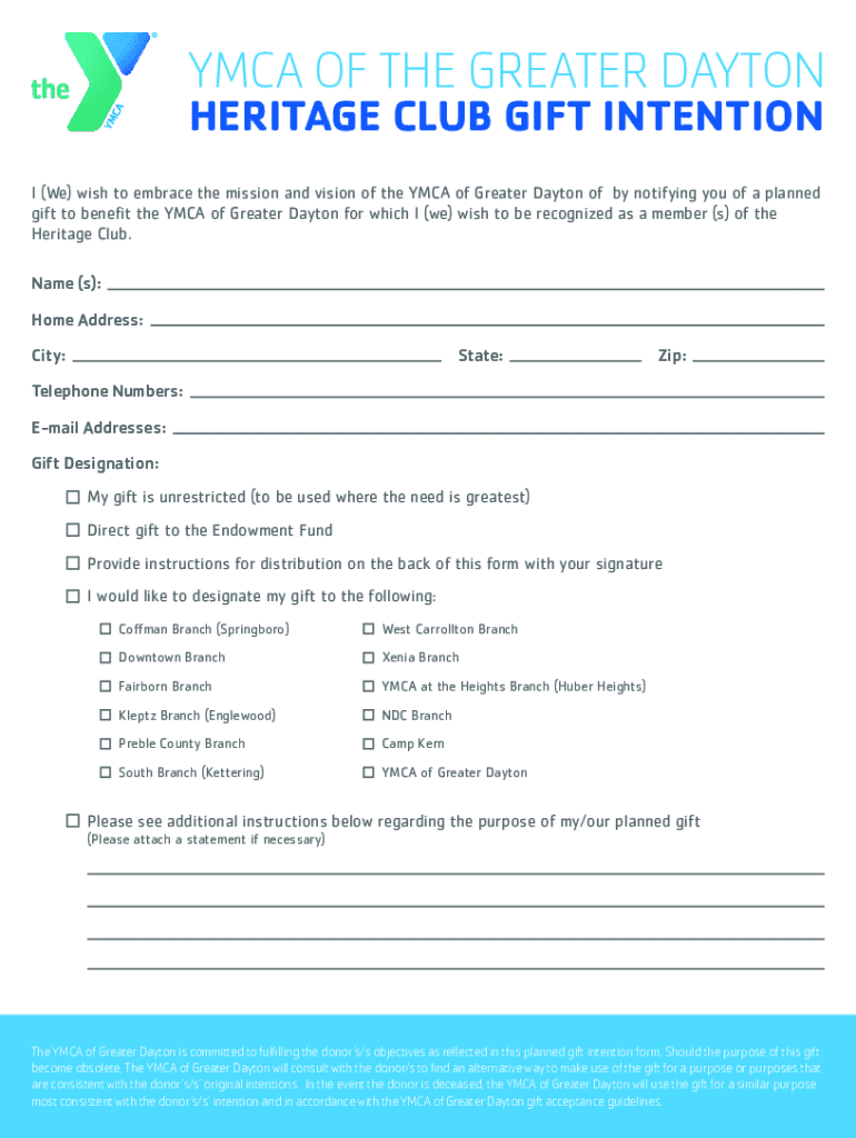 Fillable Online Ymca of the Greater Dayton Heritage Club Gift Intention ...