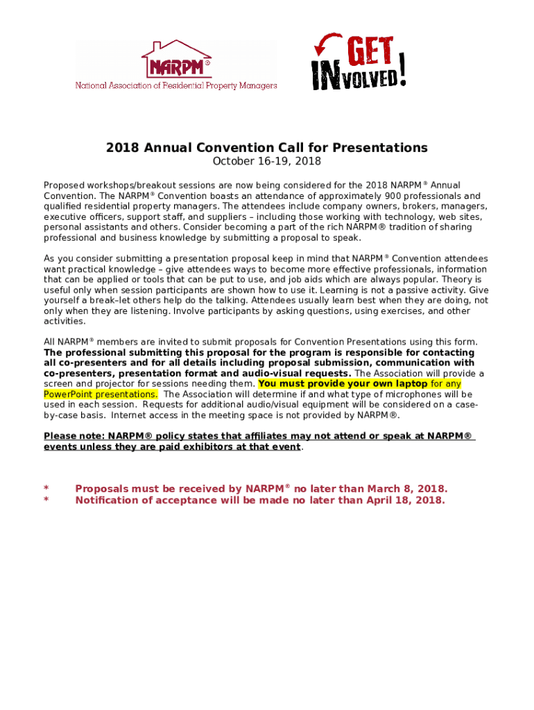 2018 Narpm Annual Convention Call for Presentations Doc Template | pdfFiller