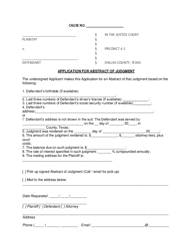 Fillable Online Application for Abstract of Judgment in Justice Court ...